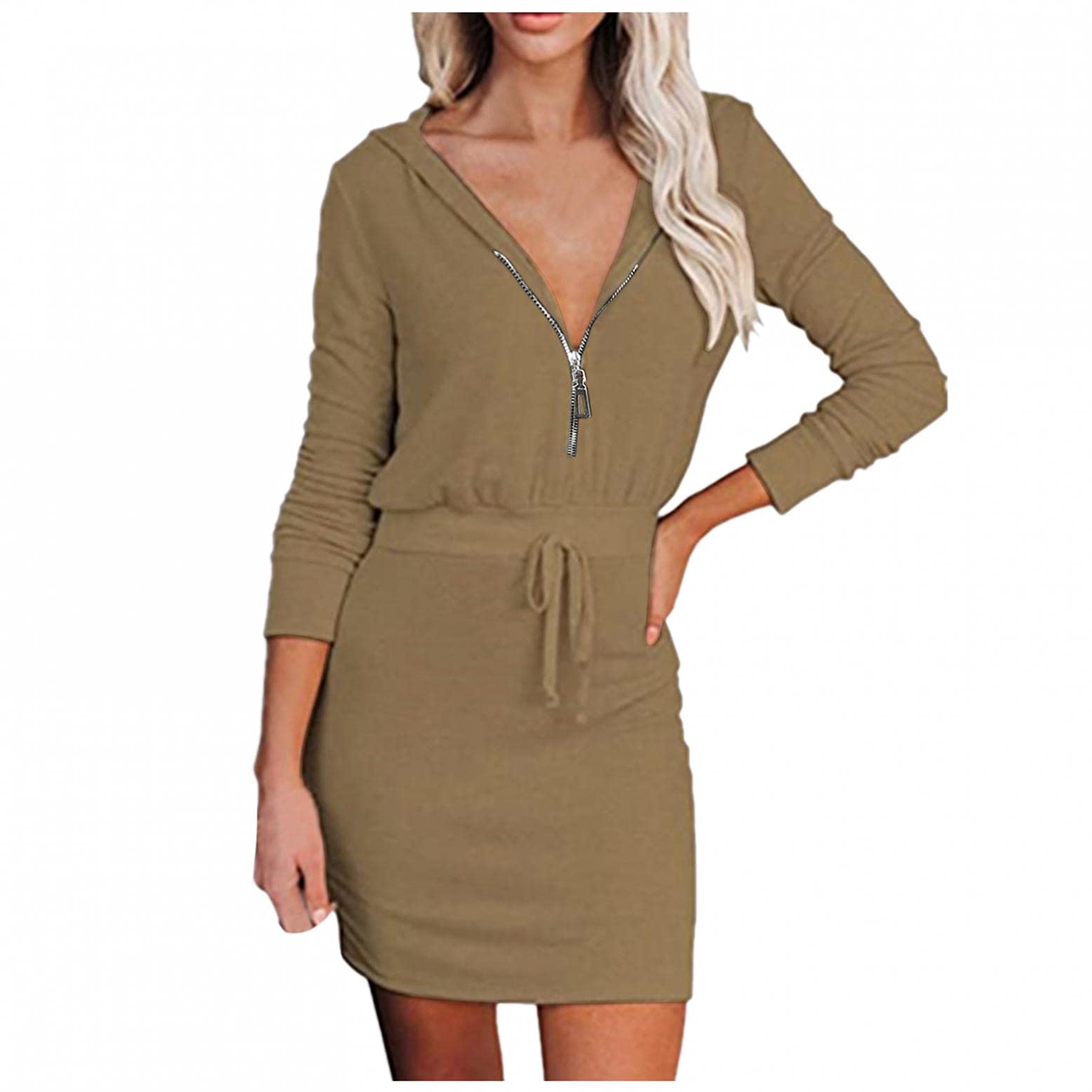 Padaleks Womens Casual Hoodie Dress Cozy Solid Long Sleeve Zipper Slim Fit Dresses Pullover Sweater with Belted