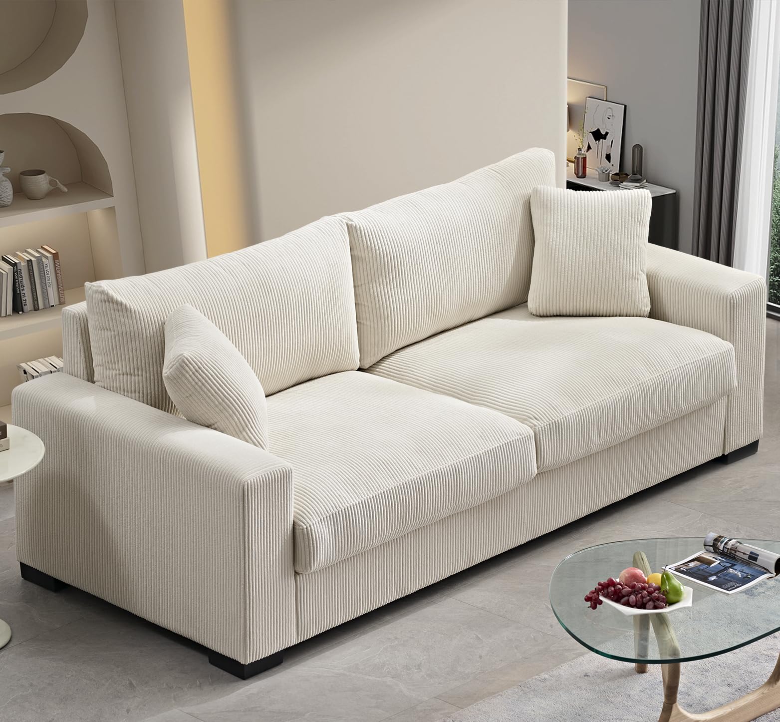 Container Furniture Direct Luxe Corduroy Sofa with 2 Toss Pillows, Spacious and Comfortable 3 Seater Couch for Modern Living Room, Ideal for Entertainment and Cozy Moments, 89" Wide, Beige