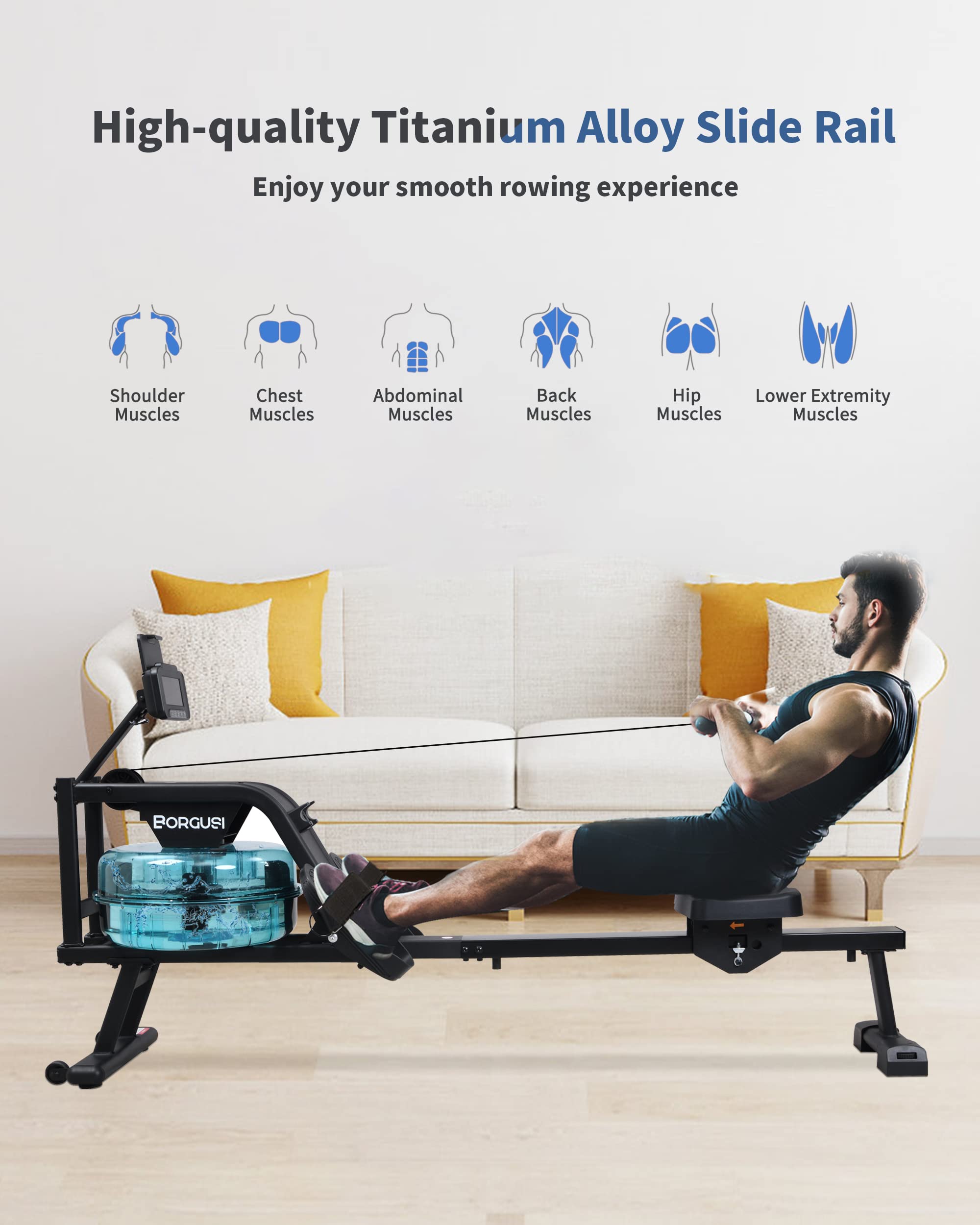 BORGUSI Water Rowing Machine Indoor Exercise Rower with LCD Monitor, Tablet Holder and Comfortable Seat Cushion, Max 350 lbs Weight Capacity for Home Use