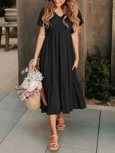 LILLUSORY Black Maxi Dresses for Women Summer Long Trendy Casual Flowy Funeral Short Flutter Sleeve Dress with Pockets