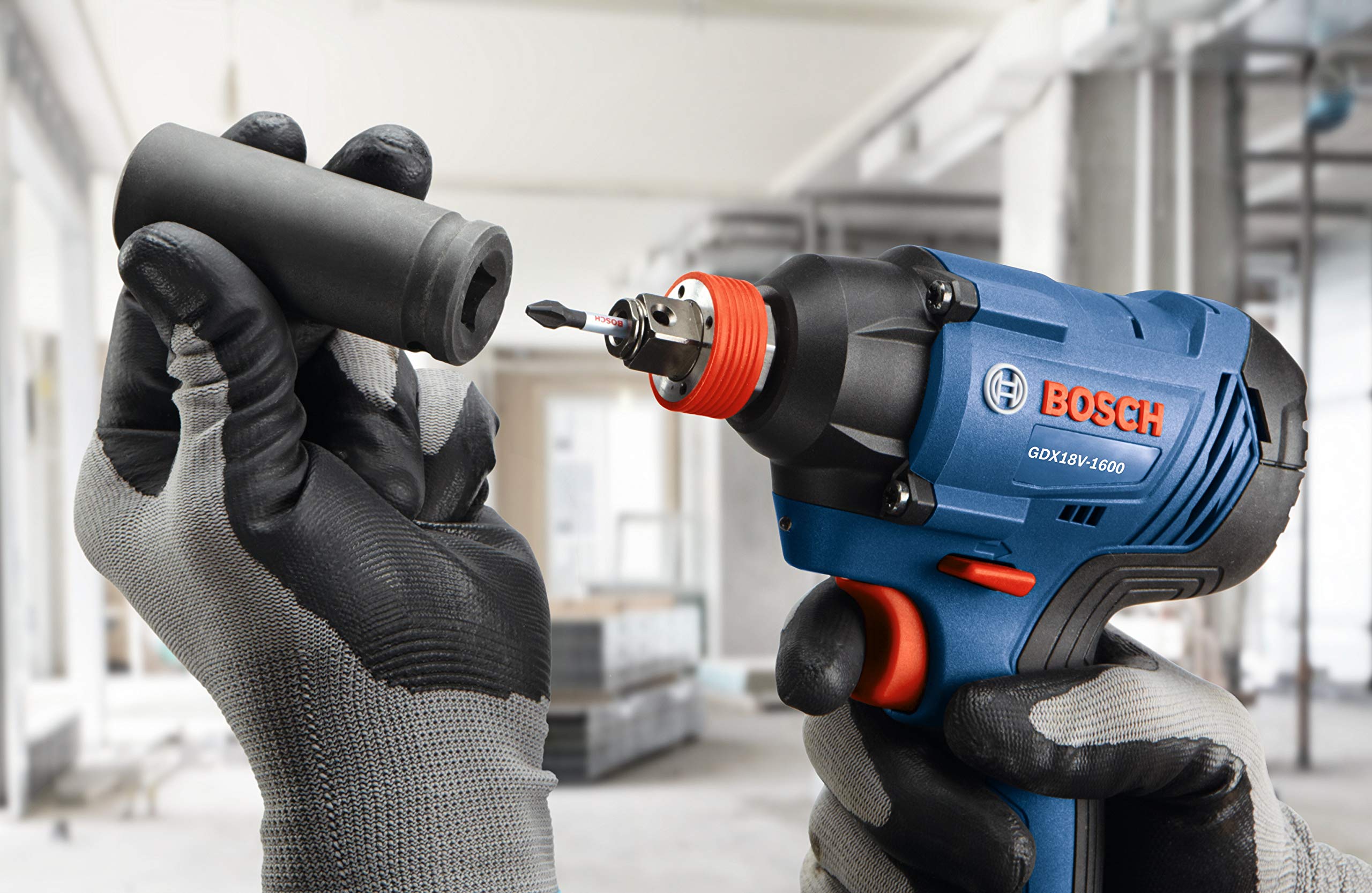 BOSCH GDX18V-1600B12 18V Freak 1/4 In. and 1/2 In. Two-In-One Bit/Socket Impact Driver KitwithBOSCH ITBHQC201 2 1/4", Impact Tough Quick Change Bit Holder