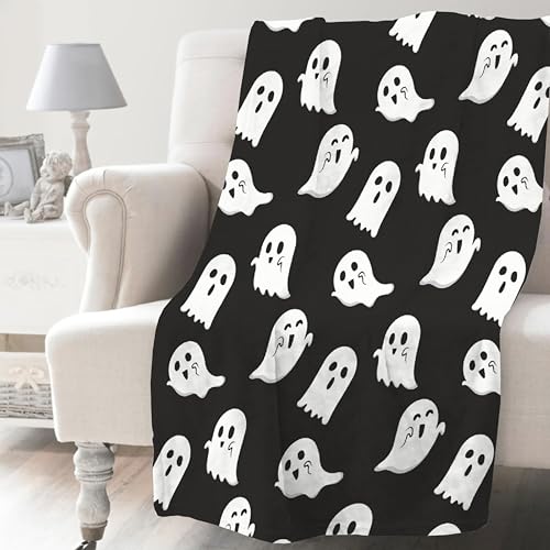 Cute Little Funny Ghost Blanket Gift for Girls Boys, Spooky Decor Plush Soft Fleece Flannel Black White Spooky Halloween Throw Blanket Sheet for Toddler Kids Lap Chair 40X30In