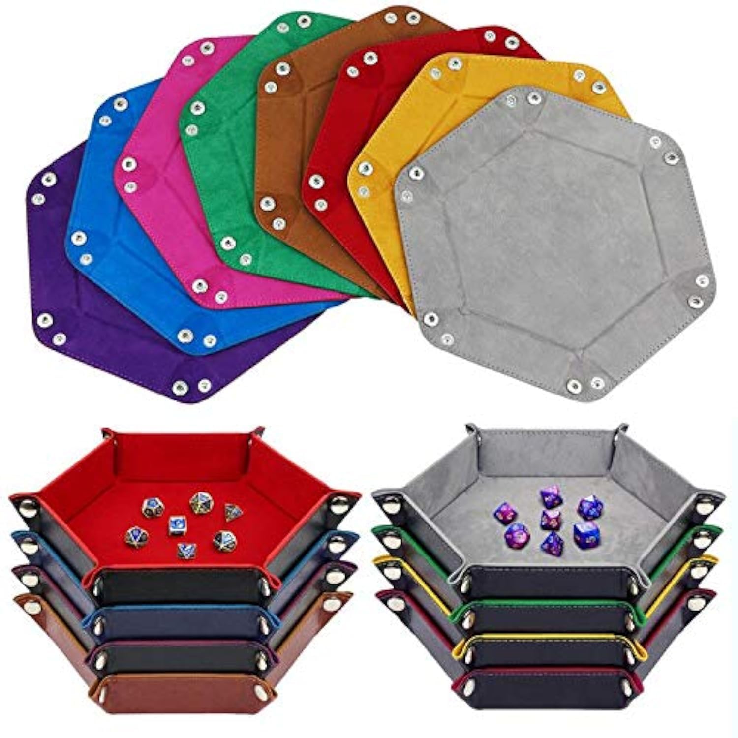 K.T. Fancy Dice Tray 6 Pieces Folding D&D Dice Tray Dice Holder Storage Box for Rolling Dice Games Metal Dice Rolling Tray PU Leather and Velvet