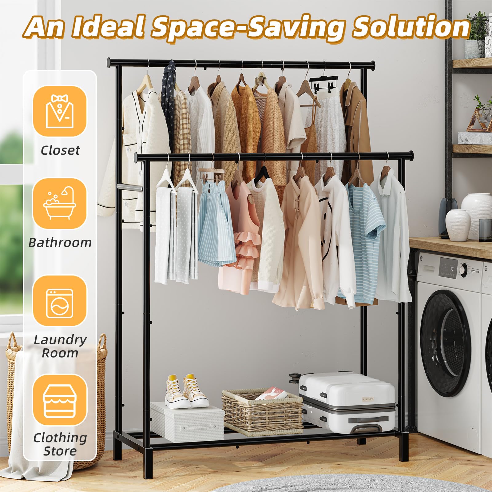 Ekisemio Double Rod Garment Rack for Hanging Clothes, Clothing Rack with Storage Shelves, Metal Multi-Functional Clothes Rack for Bedroom, Living Room, Black