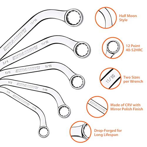 DURAMOVE SAE 5-Piece Half Moon Box Wrench Set,5/16 to 7/8 inch, C-Shaped Wrench Set with Double 12-Point Box Ends, CR-V,for auto repairing, machinery and household, EVA Tool Organizer