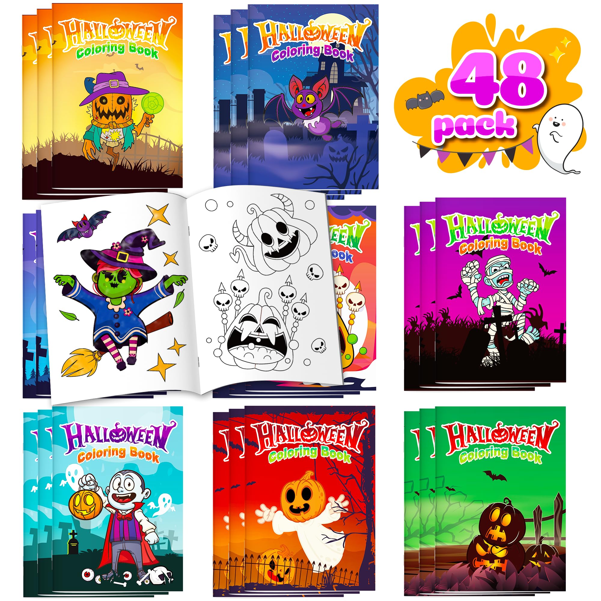 D-FantiX Halloween Coloring Books Bulk for Kids Ages 3-8, 48 Pack Mini Coloring Books Party Favors, Trick or Treat Goodie Bag Stuffer Fillers Gifts Fun Activity Decorations Supplies