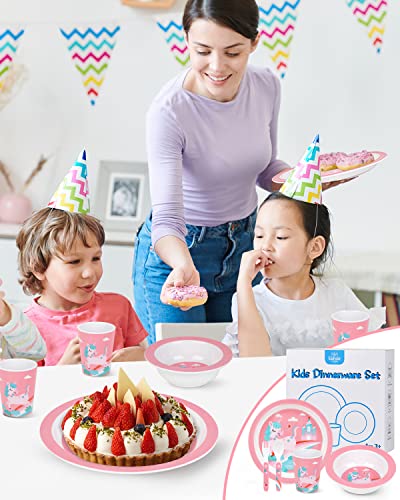 Lehoo Castle Kids Plates and Bowls Sets, 5 Piece Baby Feeding Set - Includes Plate, Bowl, Cup, Fork and Spoon Utensil Flatware, Kids Dinnerware Set for Kids, Toddlers (Unicorn)