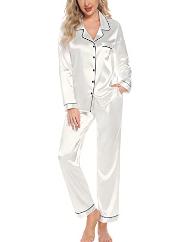 Leikar Silk Satin Pajamas Long Sleeve Pajama Sets For Women Soft Bride Pajamas Sleepwear White