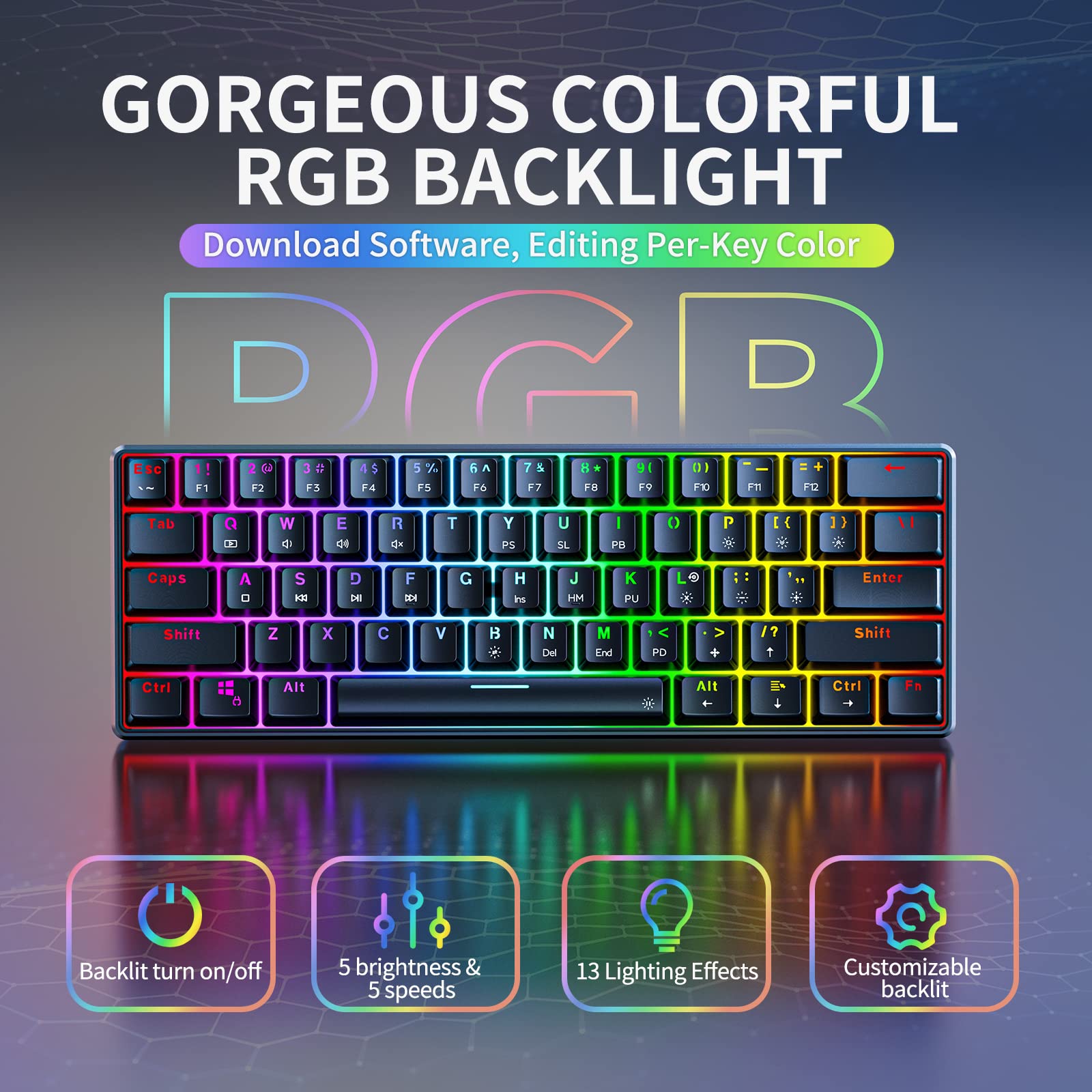 Punkston TH61 60% Mechanical Gaming Keyboard,RGB Backlit Wired Ultra-Compact Mini Mechanical Keyboard Full Keys Programmable Black