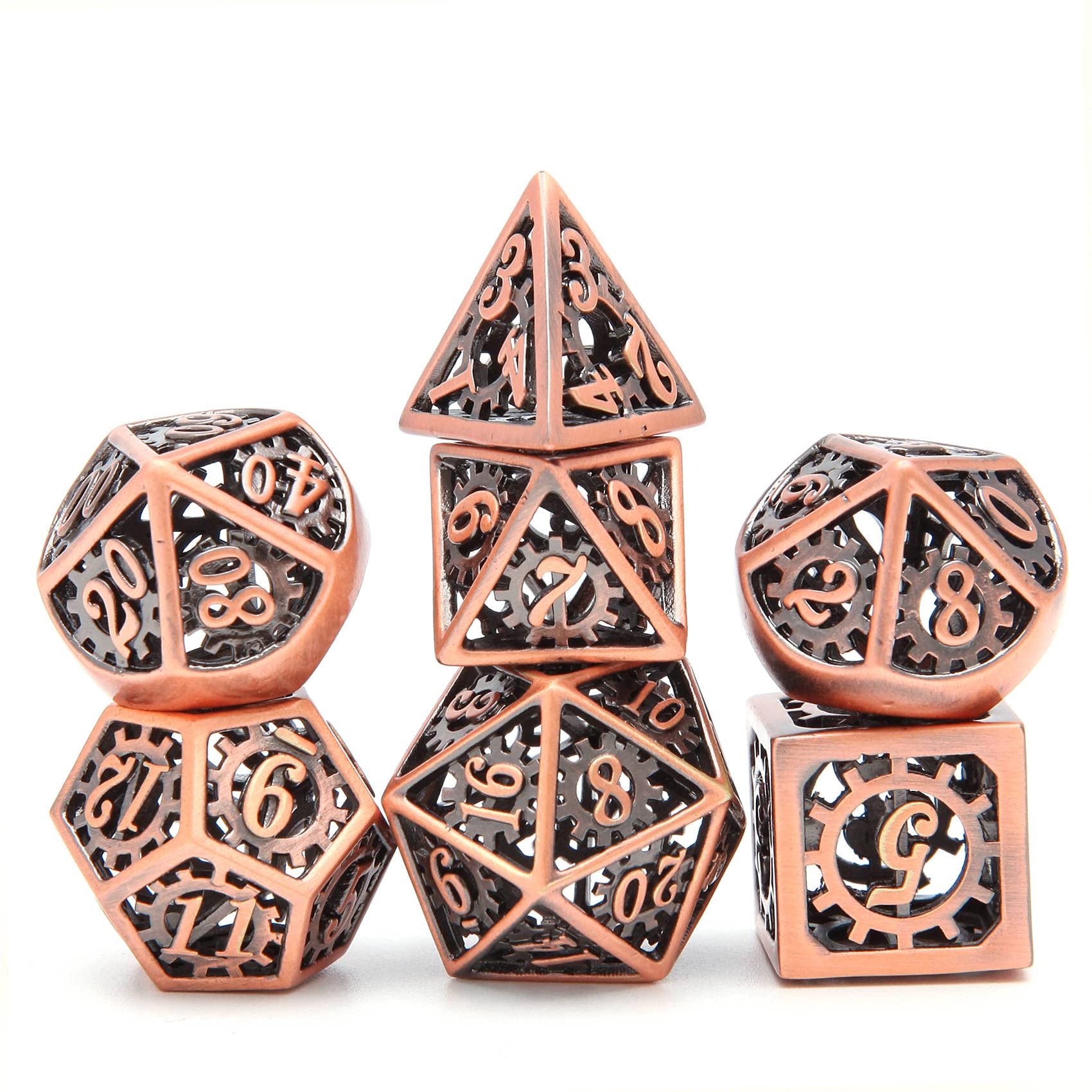 Metal Dice Set D&D, Dungeons and Dragons Dice Set,Hollow Out Retro Number Rainbow Unique Polyhedron Game RPG DND Metal Dice Set, Ancient Red Copper-24, Small
