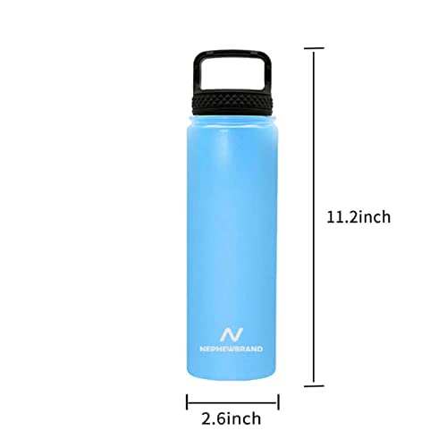 NEPHEWBRAND Sport Water Bottle โ 21 Oz Wide Mouth Insulated Vacuum with 3 Lids - Leak Proof, BPA Free - Sky-Blue