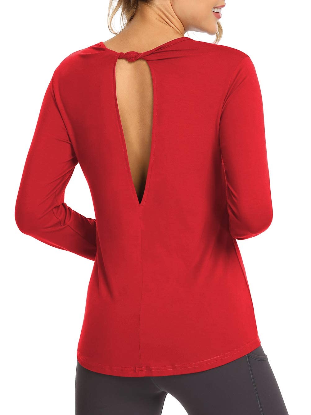 Bestisun Workout Long Sleeve Tops Gym Athletic Long Sleeve Tops Running Gym Dance Wear Thumb Hole Tops Red L