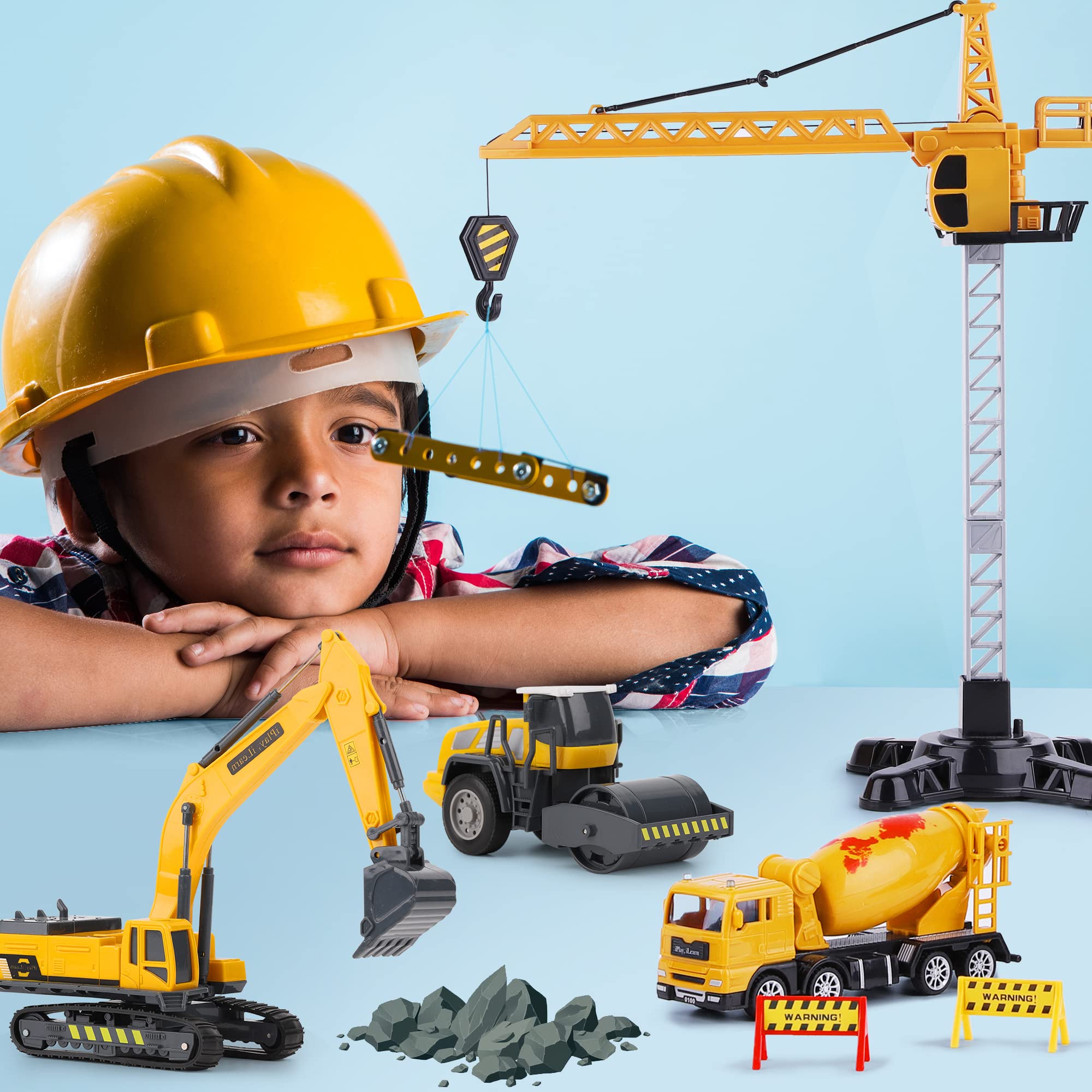 iPlay, iLearn Construction Site Vehicle Toy, Kids Engineering Play Truck Set, Tractor Digger Crane Dump Excavator Cement Steamroller, Birthday Stocking Stuffer Gift 3 4 5 Year Old Toddler Boy Children