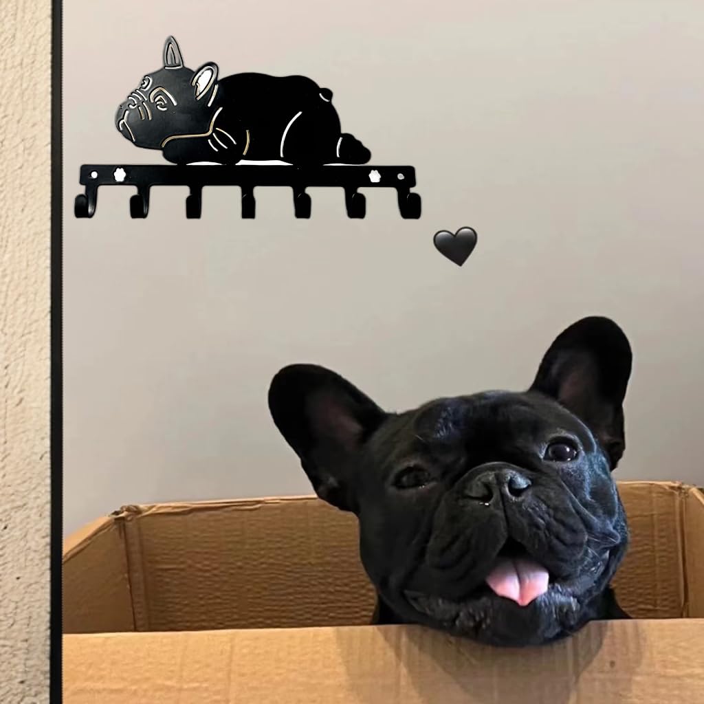 Ctpeng Dog Leash Holder for Wall,Decorative Leash Holder Wall Mount with 7 Hooks,Black Metal Key Organizer Rack Dog Leash Hanger for Entryway,Front Door,Hallway & Office(10.83X6.1 inches)