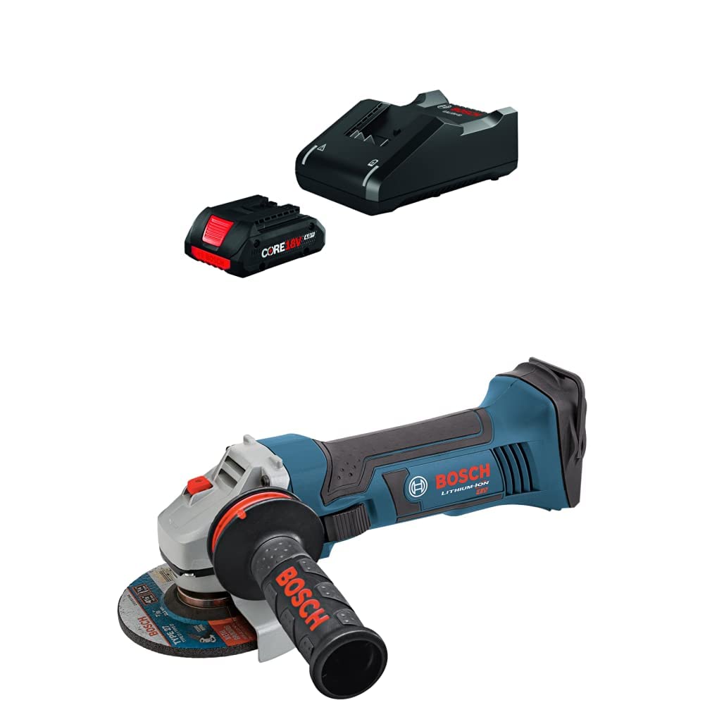 BOSCH GXS18V-15N15 18V Starter Kit with (1) CORE18V 4.0 Ah Compact Battery GWS18V-45 18V 4-1/2 in. Angle Grinder (Bare Tool)