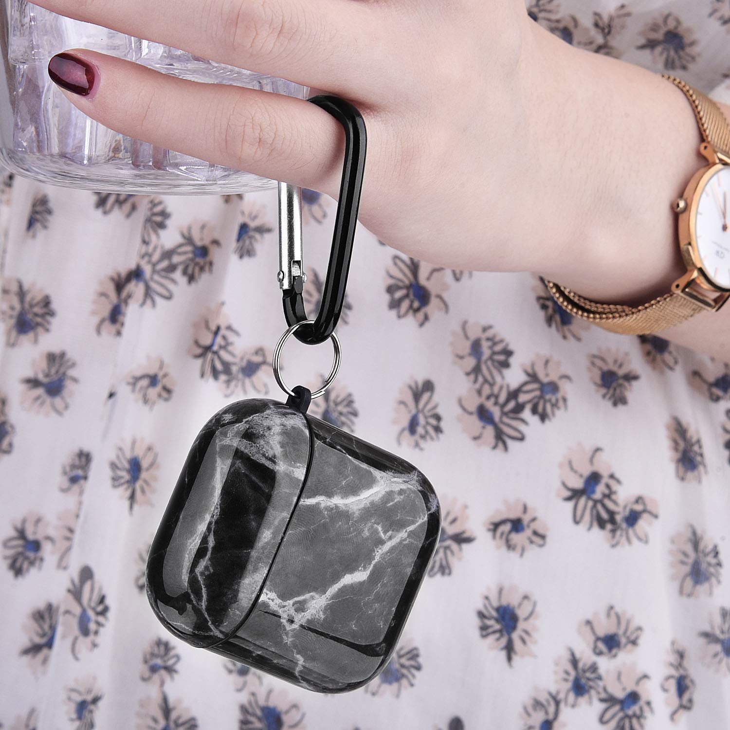 CAGOS for Airpod Case, Cute Marble Protective Hard Cover with Keychain Compatible with Apple Airpods 2nd/1st Generation Case for Women Men, Black