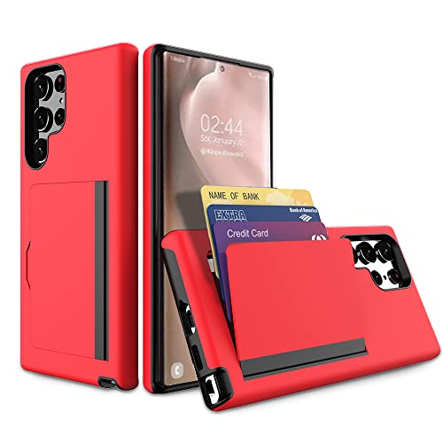 FDTCYDS Samsung Galaxy s22 Ultra Case with Card Holder,Credit Card Slot Protective Wallet Case - Red