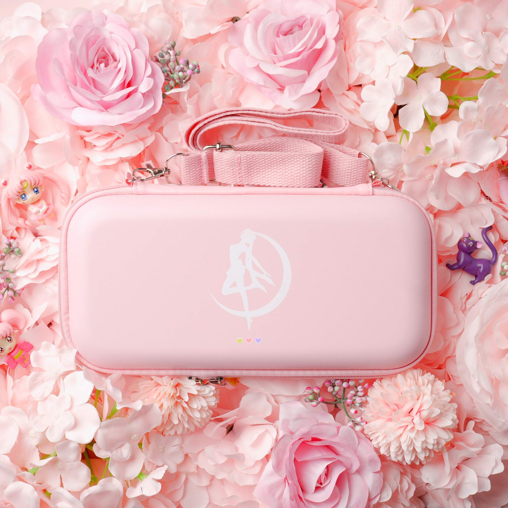 BelugaDesign Anime Moon Bundle | Pink Pastel Carry Case Shell Cover Thumb Grips | Cute Kawaii Magical Girl Japanese Travel Protective Set | Compatible with Nintendo Switch OLED