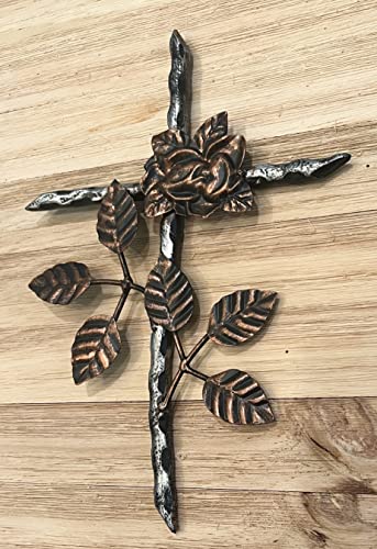 Top Brass Decorative Floral Wall Cross - Welded Wrought Iron - Leaves, Branches and Flowers Religious Metal Art Sculpture - Antique Silver/Copper Finish (Leaves and Rose)