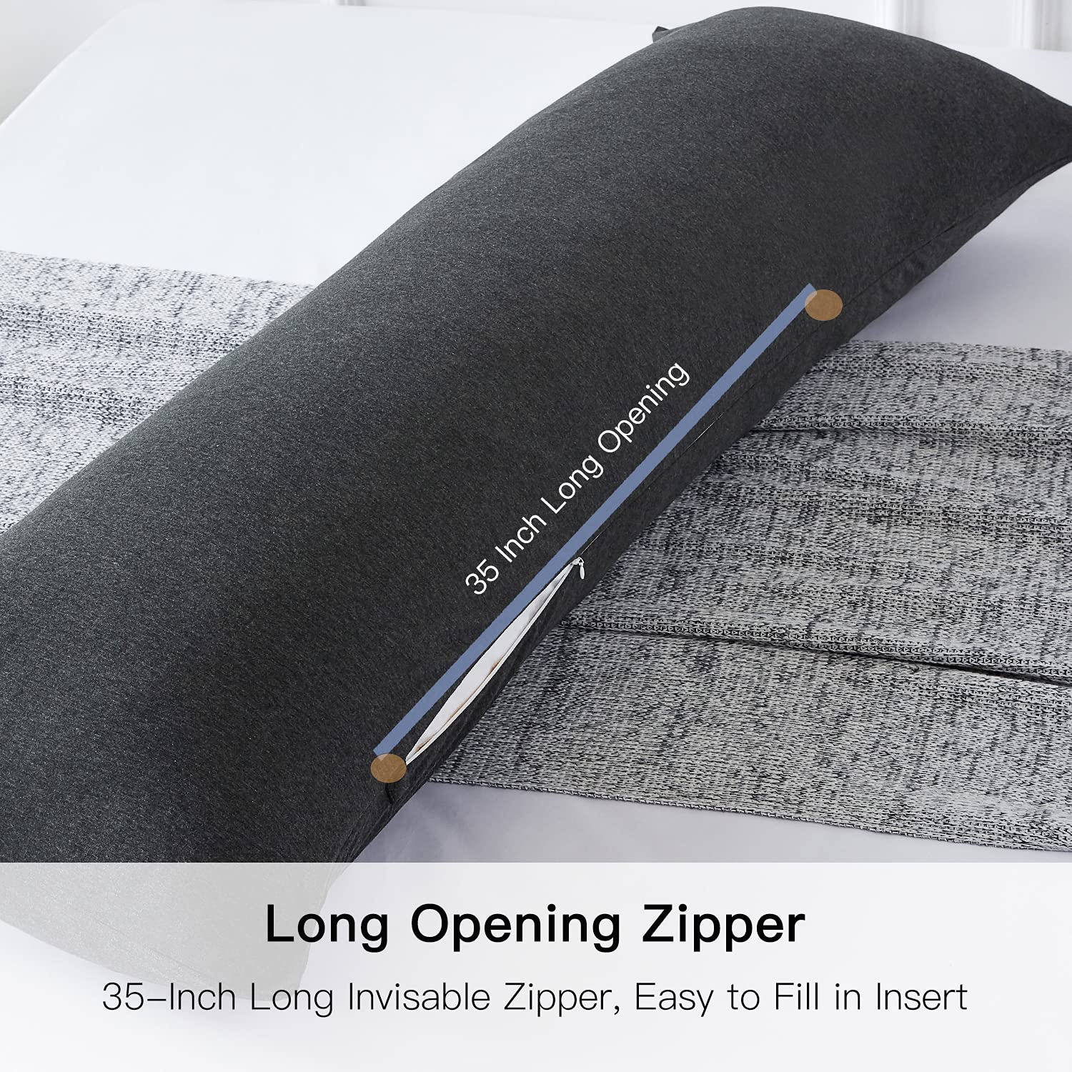 Body Pillow Cover with Zipper, Soft Body Pillow Pillowcase, Long Pillow Case Cover Breathable Jersey Cotton, 20x54 Inch, Dark Grey
