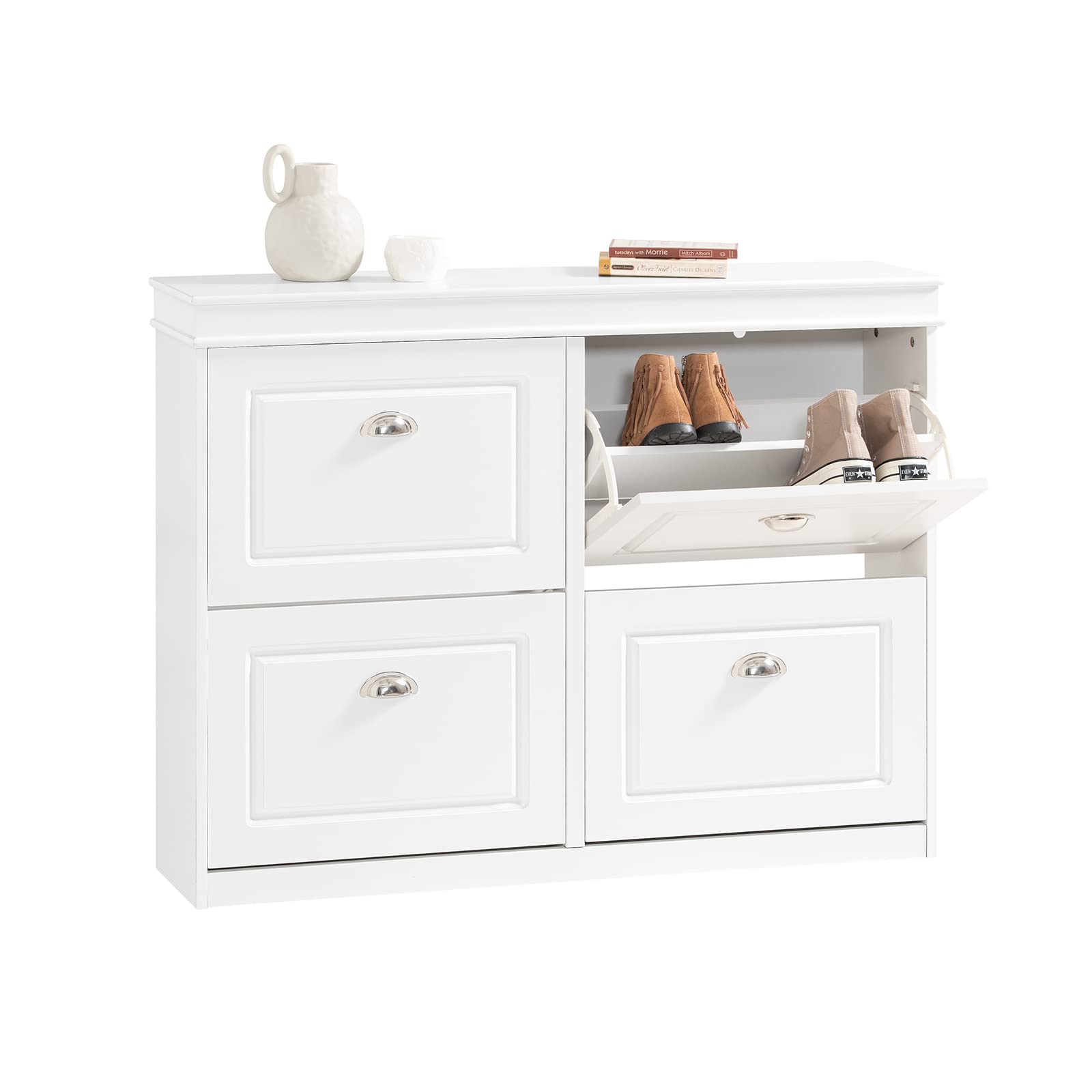 Haotian White Shoe Cabinet with 4 Flip Drawers, Large Freestanding Shoe Rack, Modern Shoe Organizer for Entryway, Hallway, Entance FSR79-W
