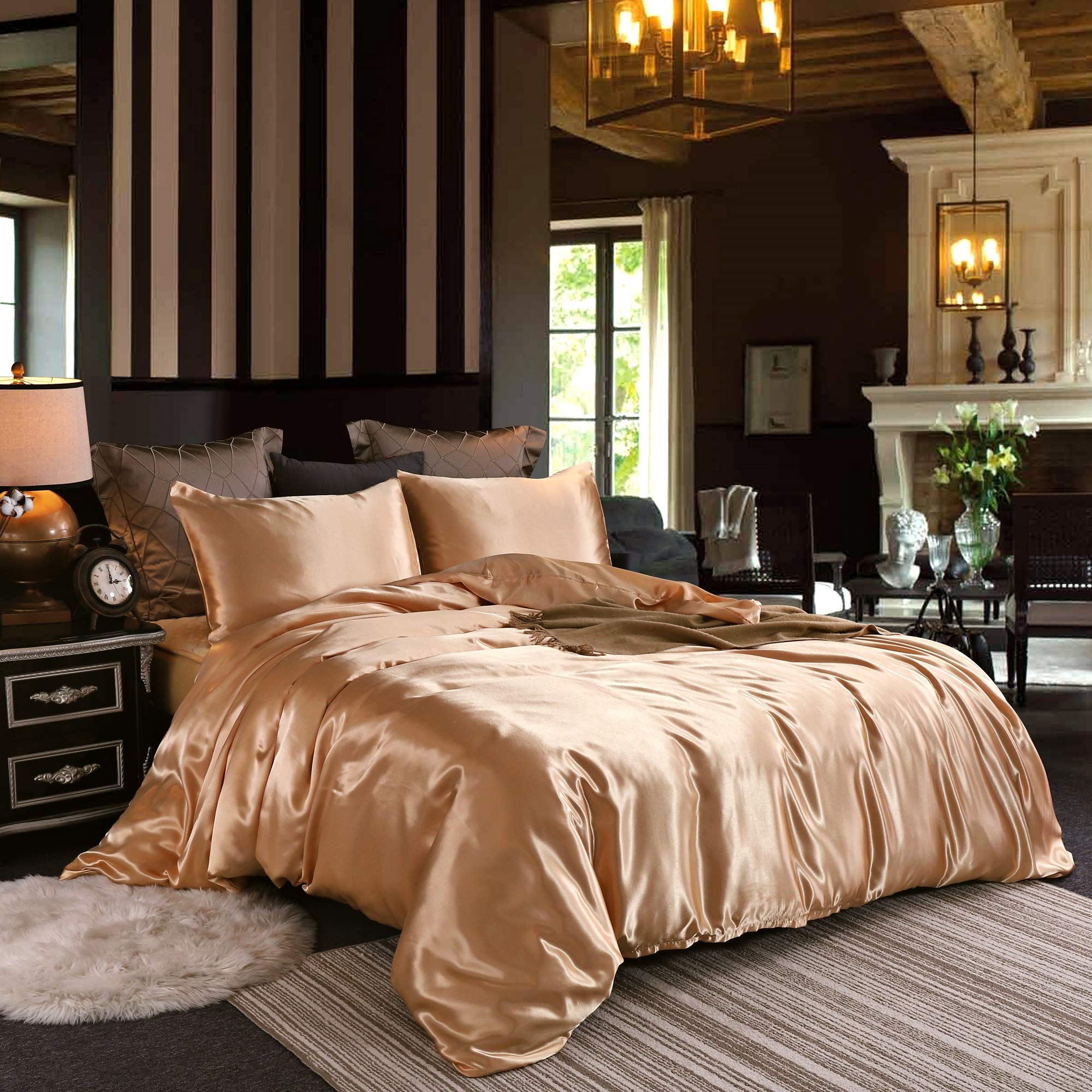 Duvet Cover 3 Piece Set - Ultra Soft Silky Satin Hotel Collection - 1 Comforter Cover with Zipper Closure and 2 Pillowcases - King/Cal King, Gold - Duvet Set