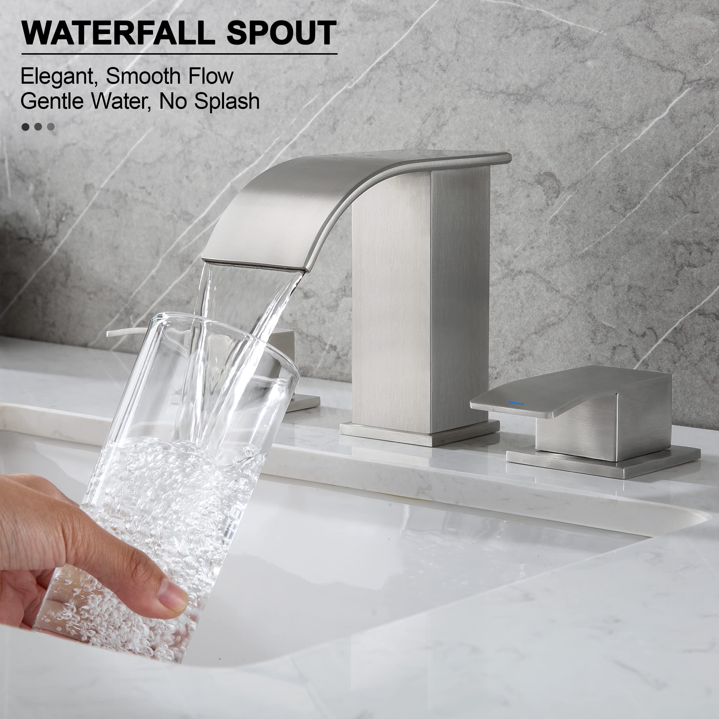 Brushed Nickel Waterfall Bathroom Faucet for Sink 3 Hole - Widespread, 2-Handles 8 Inch Modern Faucet for Bathroom Sink, Vanity Faucet with cUPC Supply Lines