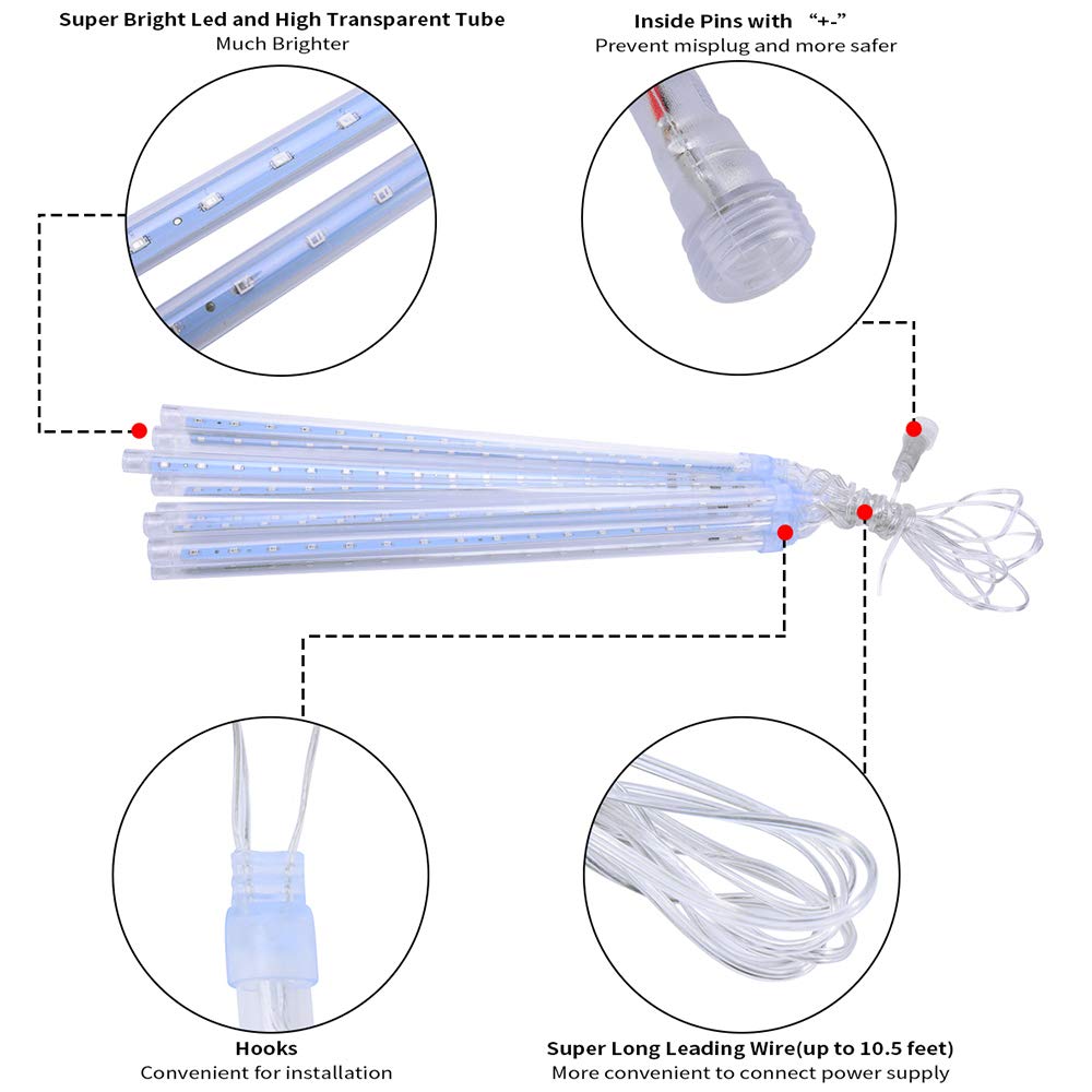 WISEFIN Meteor Shower Rain Lights 30CM 10 Spiral Tubes 192LEDs Cascading Rain Lights for Wedding Christmas Garden Tree Home Décor(White)