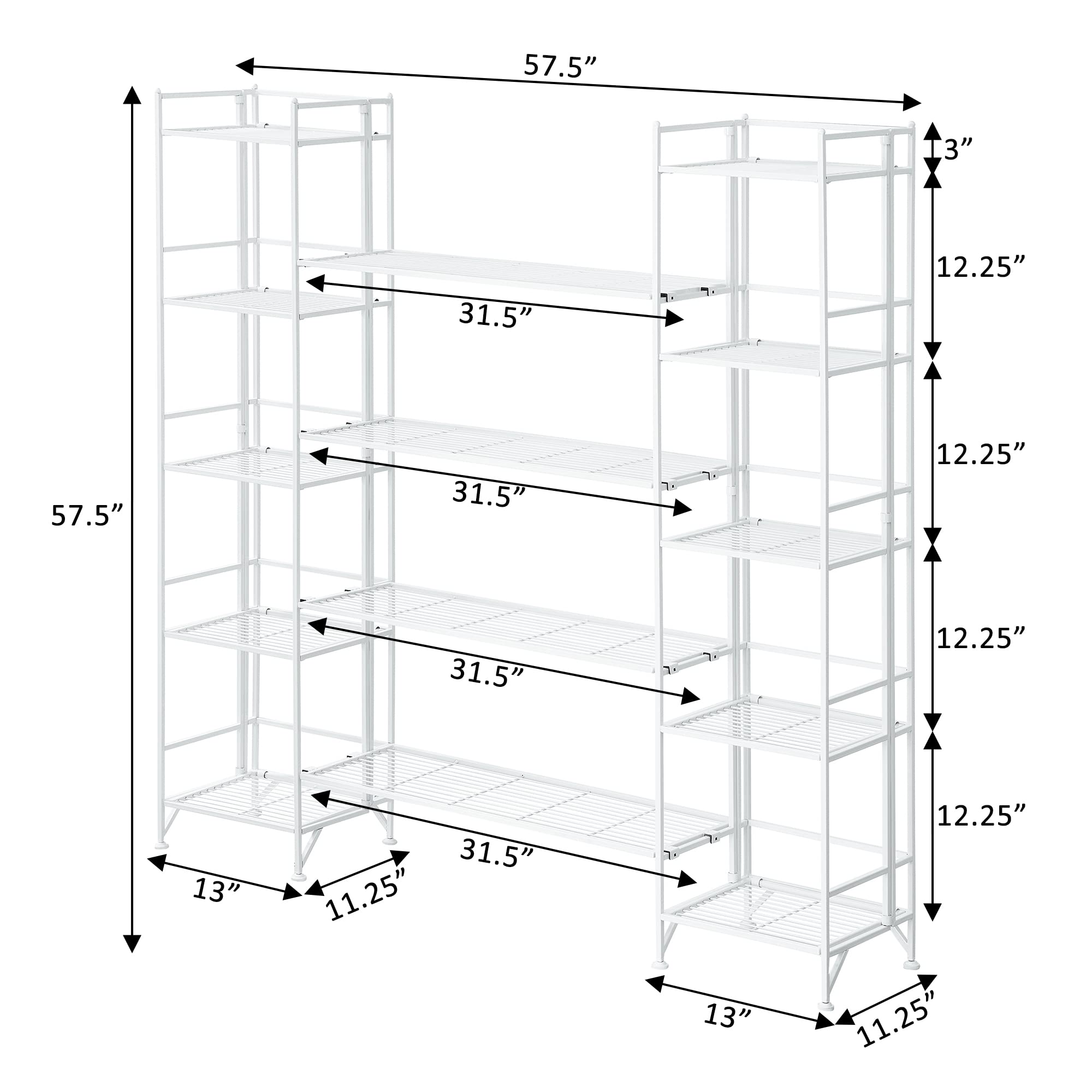 Convenience Concepts Xtra Storage Shelves - 5 Tier Folding Metal Shelving with Set of 4 Deluxe Extension Shelves - Modern Shelves for Storage and Display in Living Room, Bathroom, Office, White