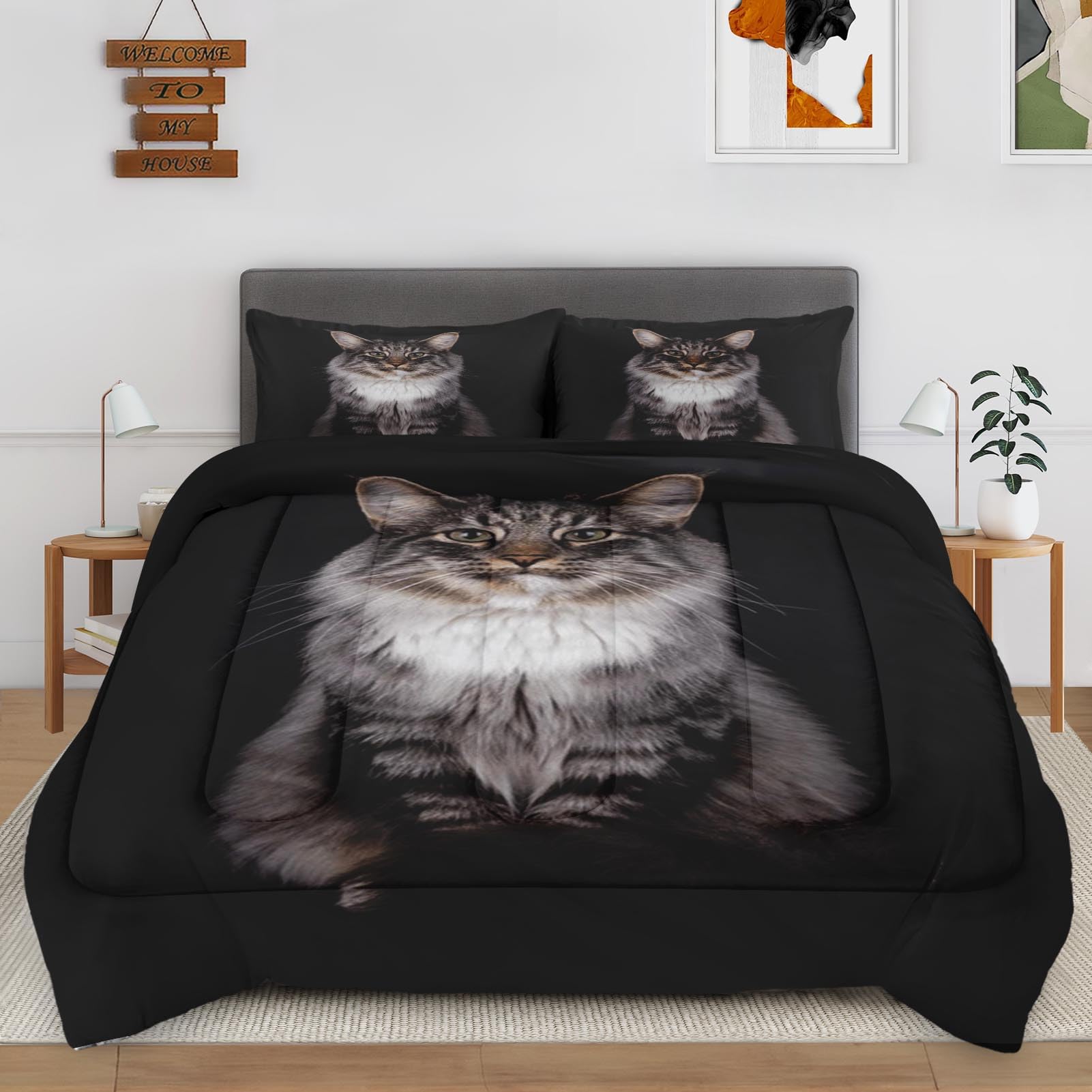 Cuzutime King Size Comforter Set with 2 Pillowcases, Silver Cat His Cute, Bedroom Decor Gray Grey Black Tabby Soft Bedding Set for Kids and Adults, Bed Decor