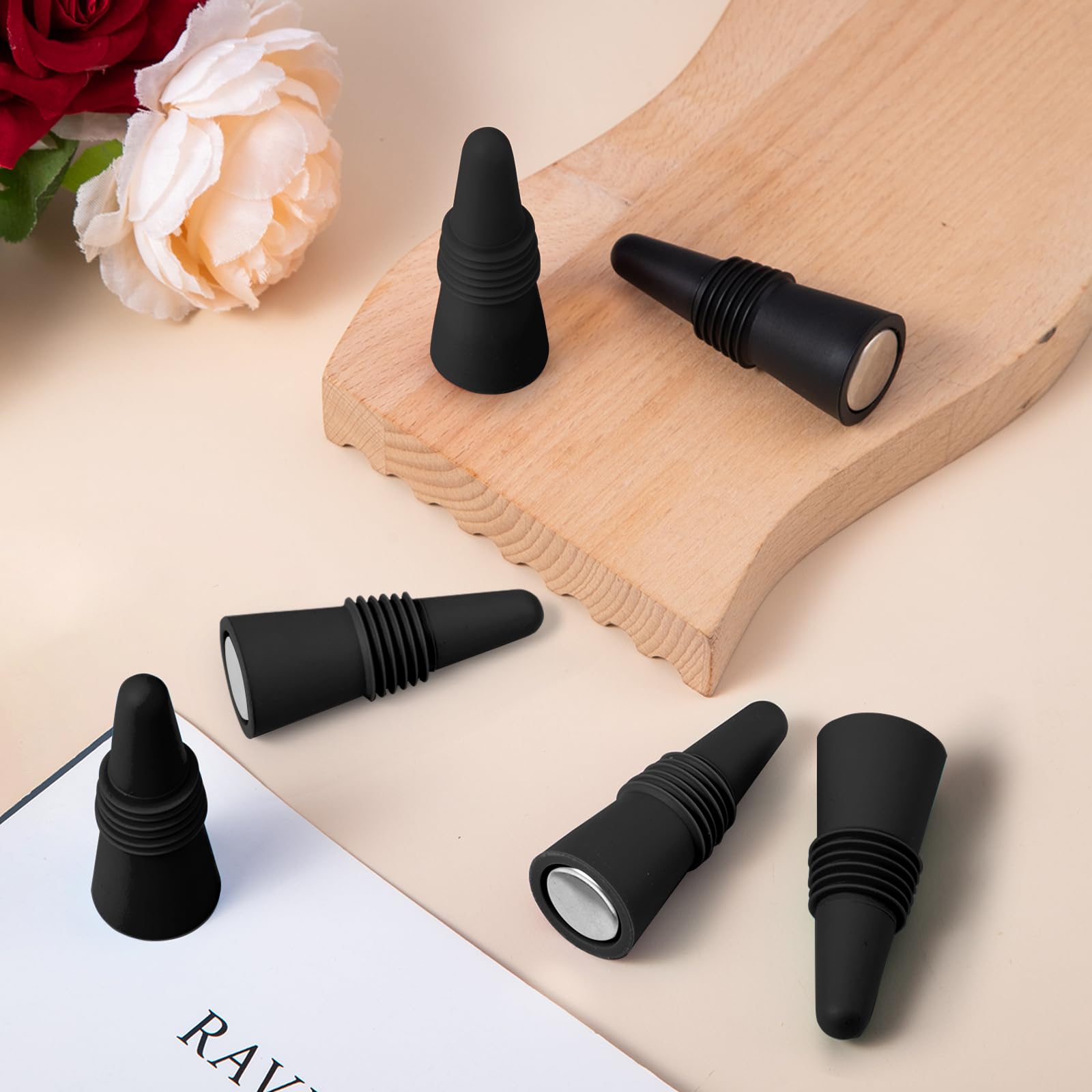 BULUMIOO 6 PCS Black Silicone Wine Stoppers with Threaded Seal Ring and Stainless Top - Suitable for Wine and Beverage Bottles - Keeping Wine or Beverage Fresh…