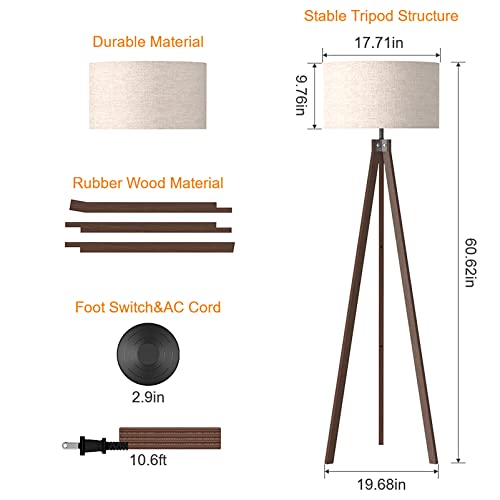 LEPOWER Wood Floor Lamp Tripod, Modern Design Mid Century Standing Lamps for Living Room,Bedroom and Office, Flaxen Lamp Shade with E26 Lamp Base