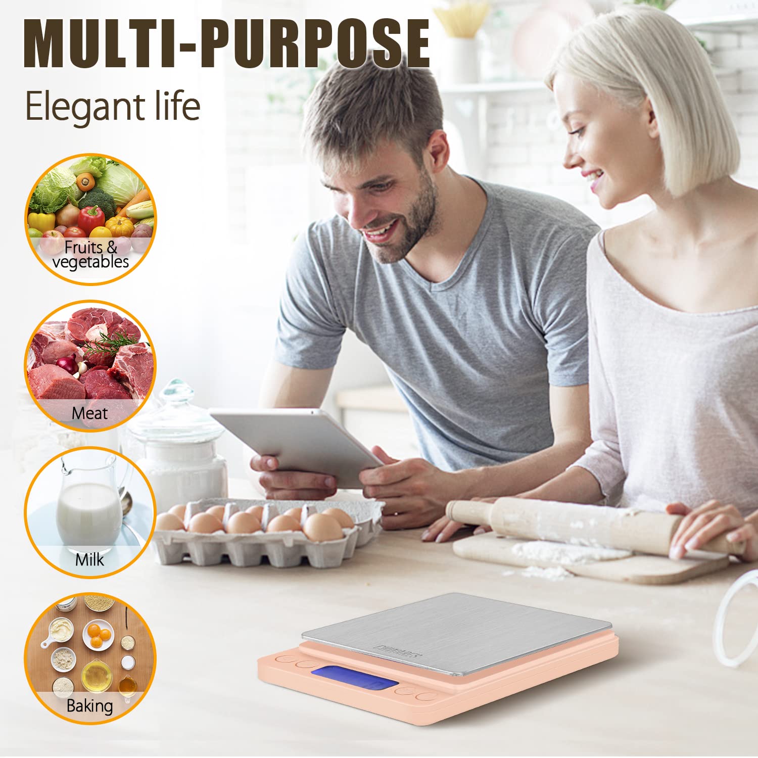 CHWARES Food Scale, Rechargeable Kitchen Scale with Trays 3000g/0.1g, Pocket Scale with Tare Function Digital Scale Grams and Ounces for Weight Loss, Dieting, Baking, Cooking, Meal Prep, Coffee, Pink