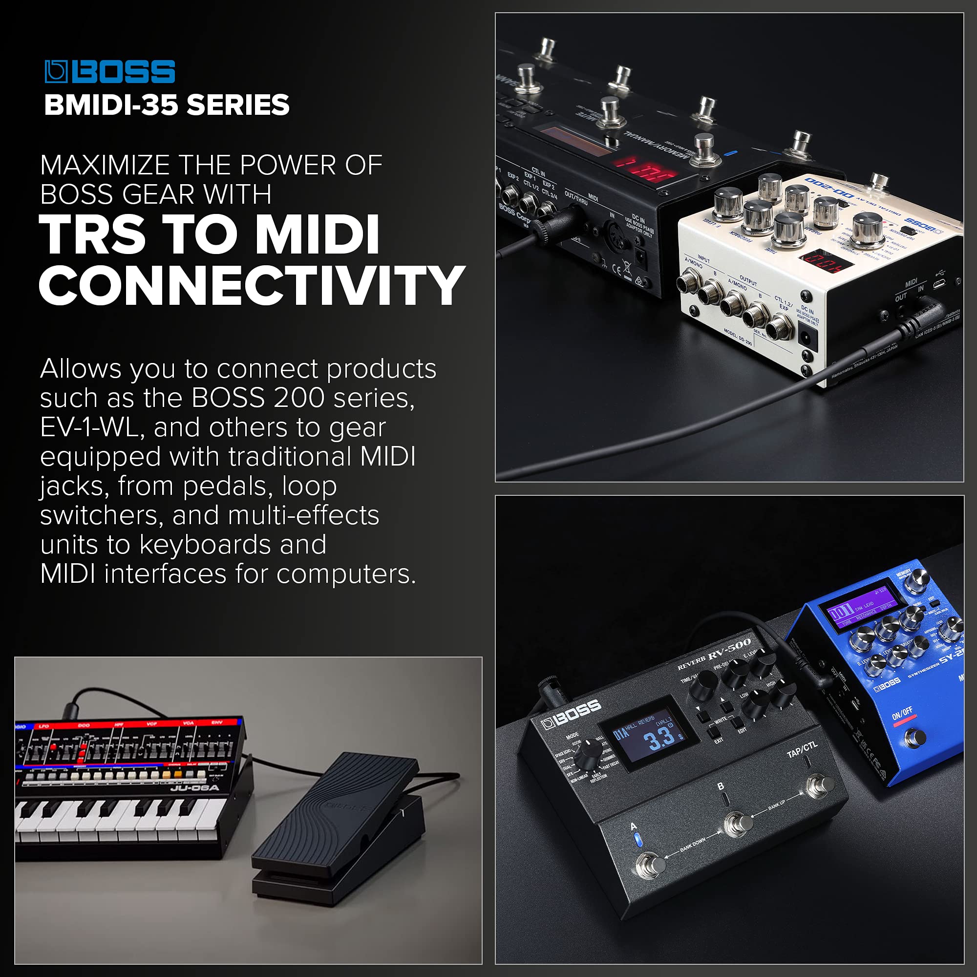 BOSS BMIDI-2-35 β 2ft / 60cm β Space-Saving 3.5mm TRS to Multi-Directional 5-Pin MIDI Cable β Provides Premium connectivity Pedals