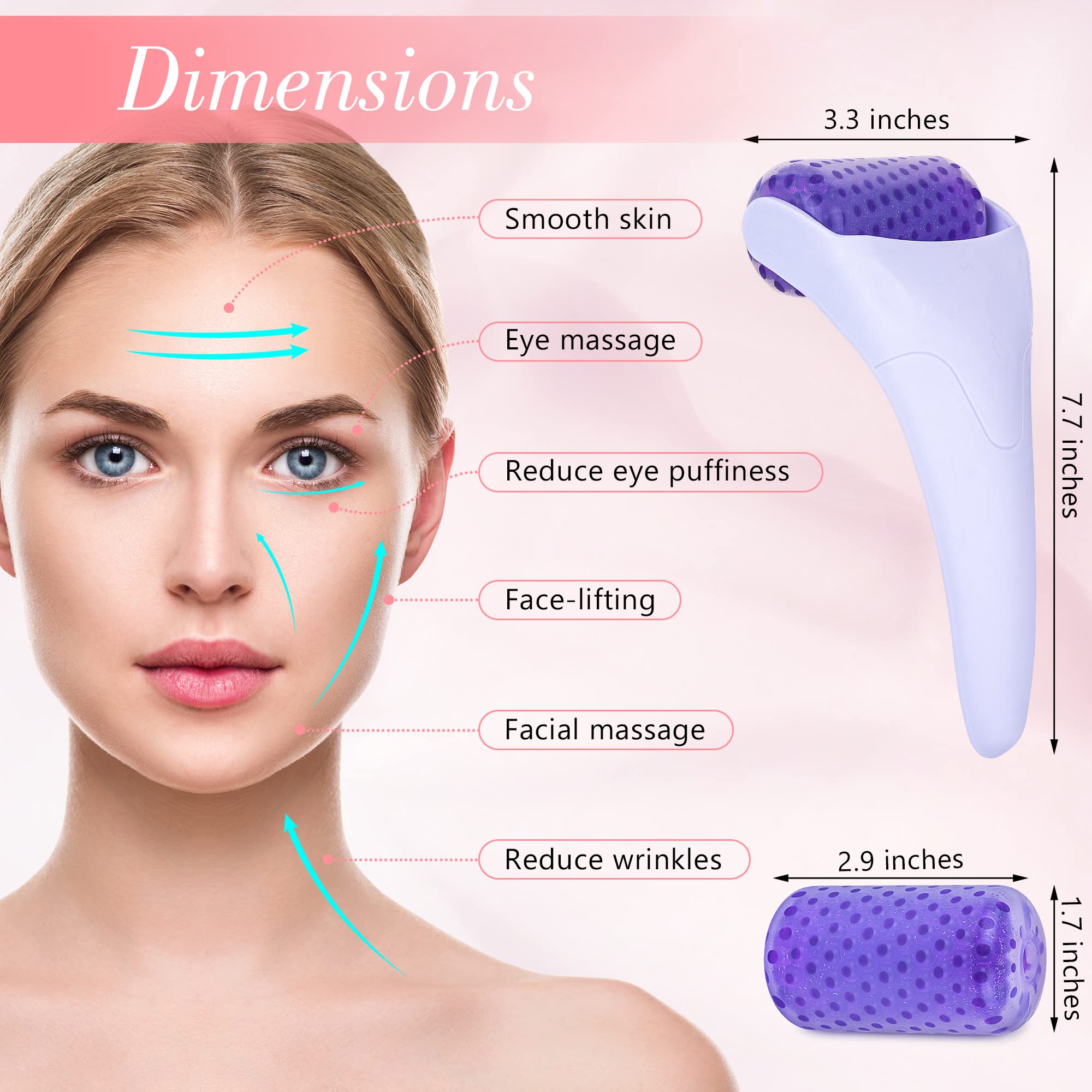 Ice Roller for Face and Eyes (2 premium roller heads included)- Face Ice Roller Massager to Reduce Puffiness around eyes and face, Migraine Pain, Wrinkles. Women's Gift idea. (Purple)