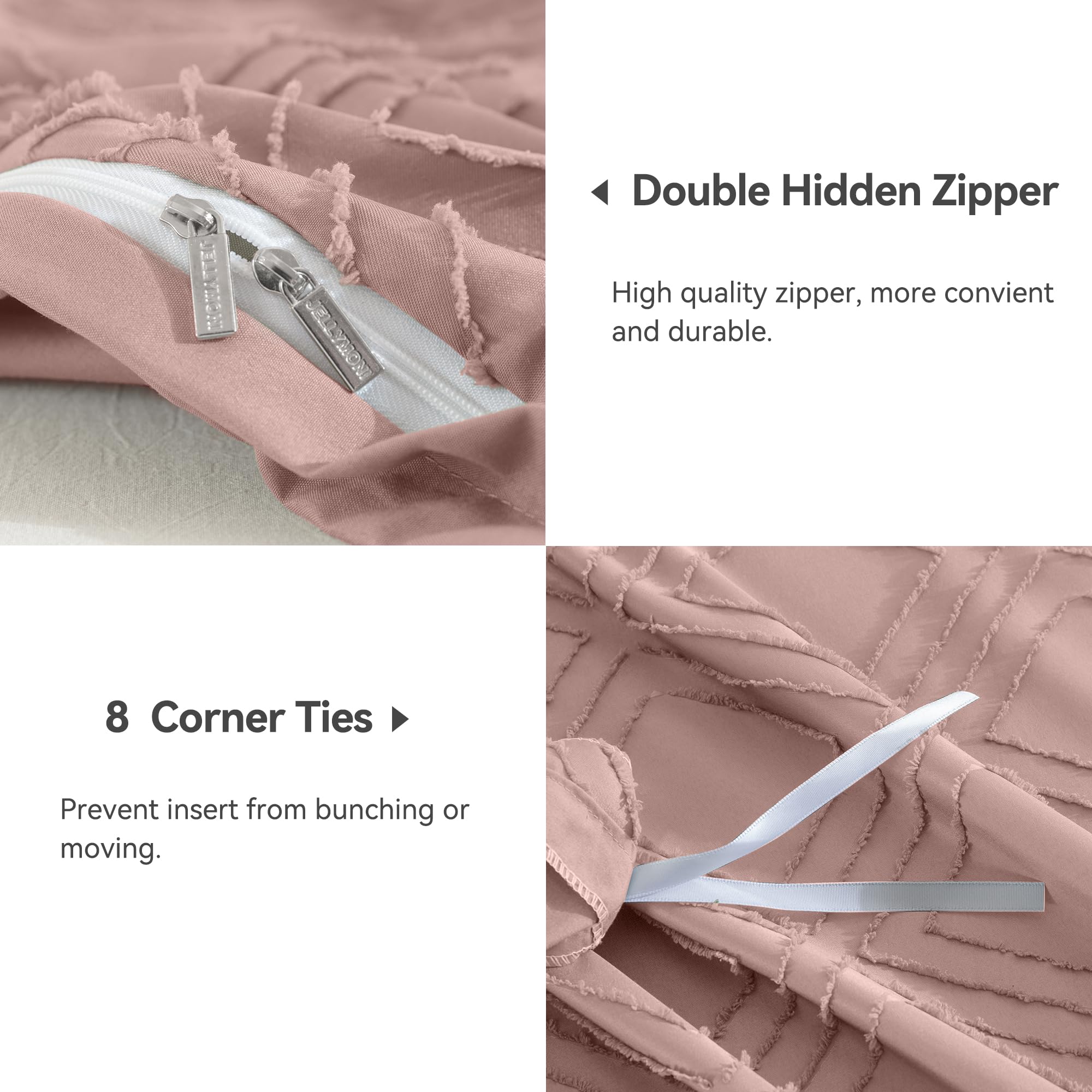 JELLYMONI Pink Duvet Cover King Size - Microfiber Tufted Duvet Cover Set, Boho Textured Duvet Cover Jacquard Rhombus Geometric Pattern Duvet Cover with Corner Ties & Zipper Closure