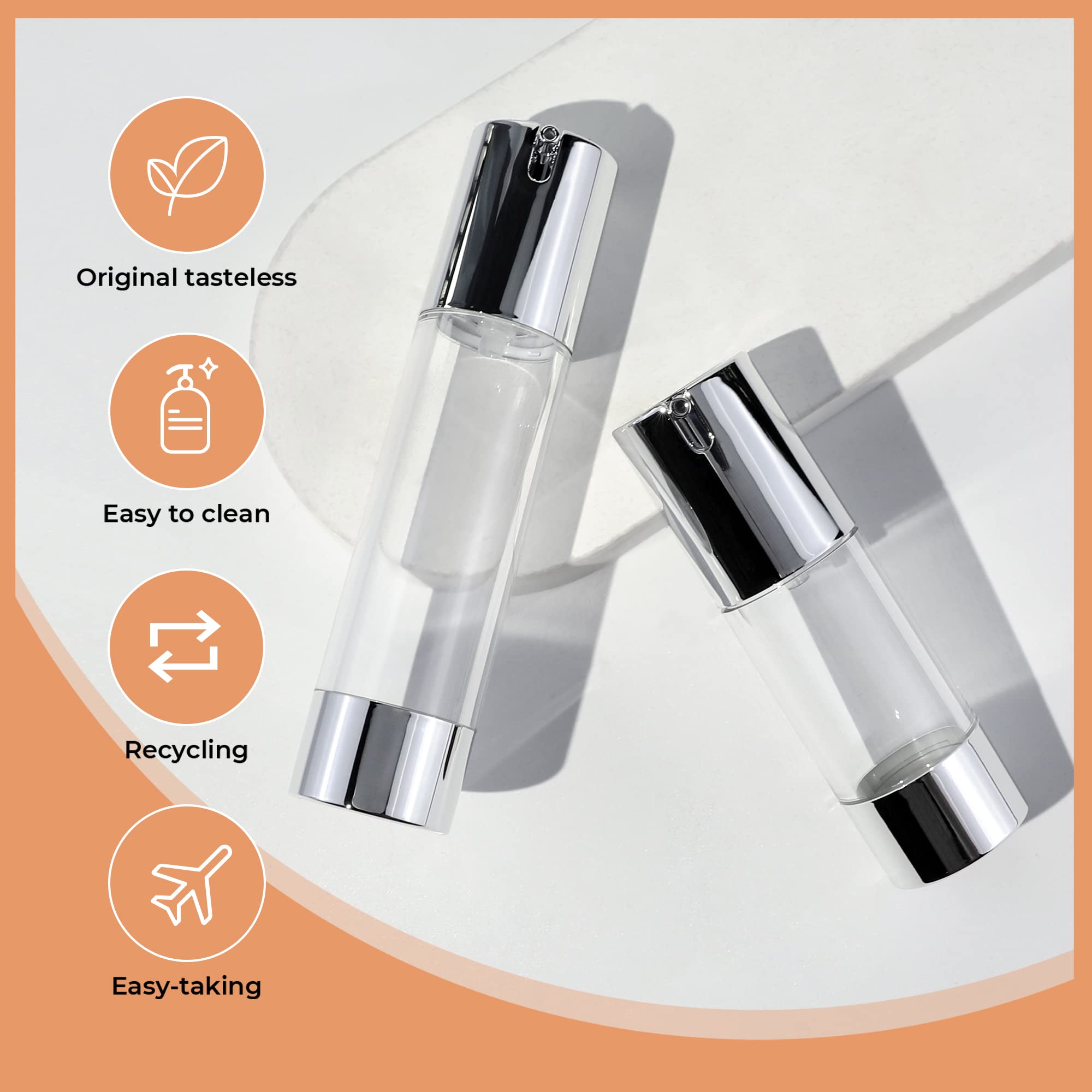 longway 1.7oz/50ml Airless Pump Bottles Silver Airless Cosmetic Cream Pump Bottle Travel Size Dispenser Refillable Containers(Pack of 6)