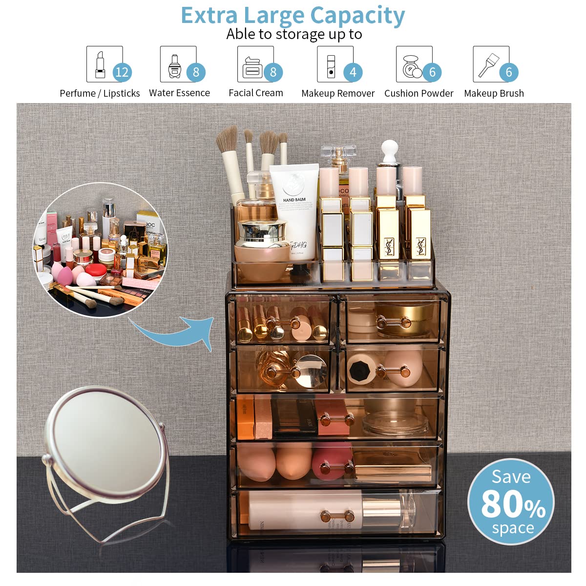 COMVTUPY Clear Makeup Organizer with Brush Holder, Large Acrylic Cosmetic Display Jewelry & Make Up Organizers and Storage for Vanity, Bathroom (3 Large, 4 Small Drawers, Brown)