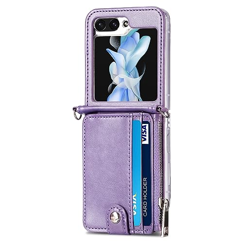 phone flip case 2 in 1 Detachable Wallet Case Compatible with Samsung Galaxy Z Flip 5 Case with Card Holder, Galaxy Z Flip 5 Case with Detachable Strap Crossbody Zipper Pocket Kickstand Compatible wit