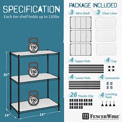 Fencer Wire NSF Adjustable Height Wire Shelving Unit w/Liner, Basement Storage Shelving, Metal Steel Storage Shelves, Kitchen, Garage Shelving Storage Organizer, Utility Shelf, 3-Tier W/Liners