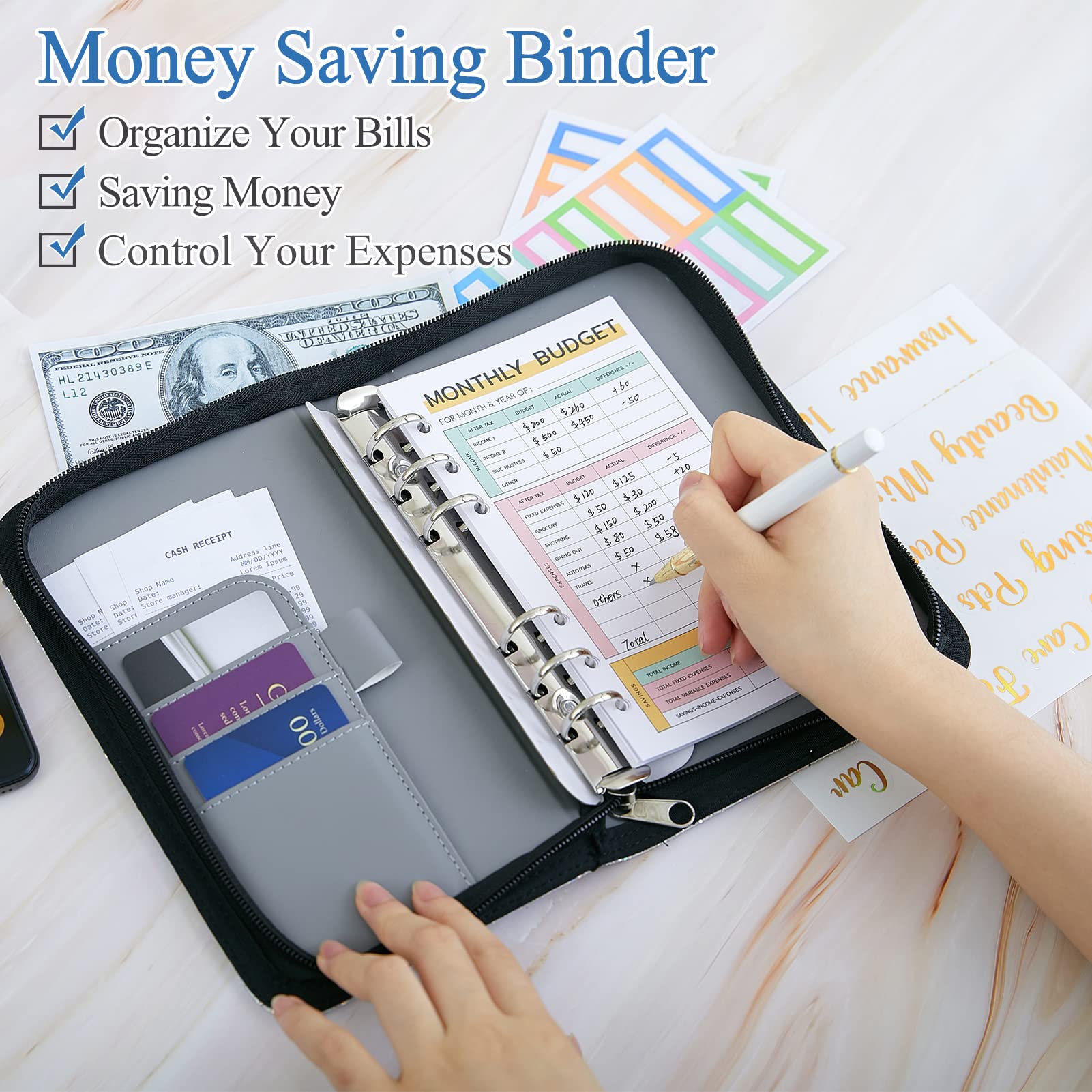 Budget Binder with Zipper Envelopes A6 Money Organizer for Cash PU Glitter Leather Money Saving Binder with 8pcs Cash Envelopes for Budgeting,18pcs Budget Sheets,24pcs Stickers,Budget Planner Wallet