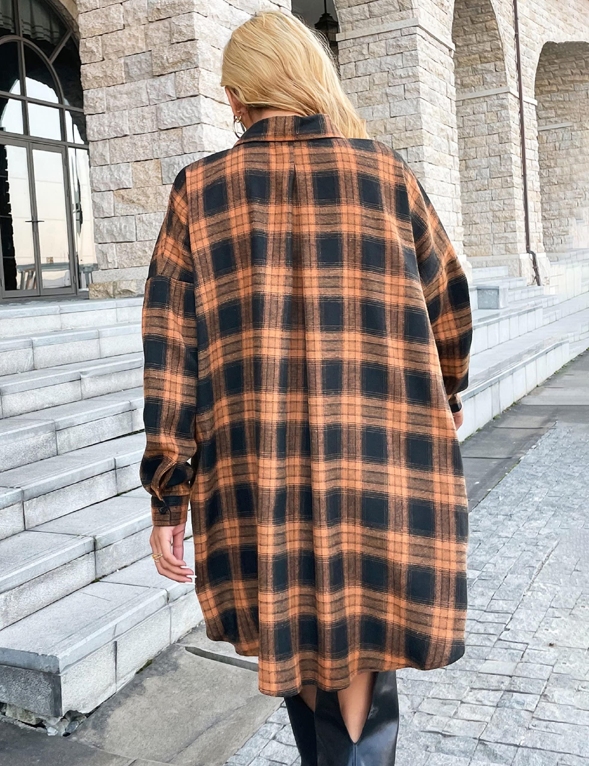 BMJL Womens Button Down Flannel Shirts Oversized Buffalo Plaid Shacket Long Sleeve Shirt Dress Long Jacket Coat Fall Tops fashion 2023(Brown, M)