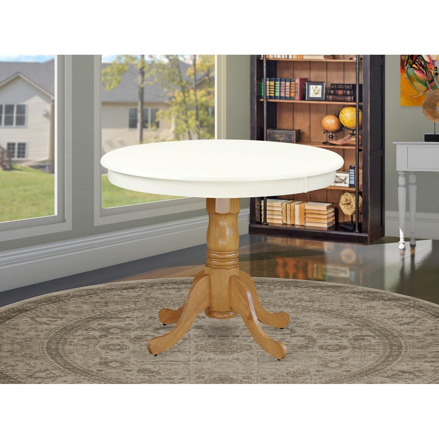 East West Furniture ANT-LOK-TP Antique Mid-Century Modern Dining Table - a Round Dining Table Top with Pedestal Base, 36x36 Inch, Linen White & Oak