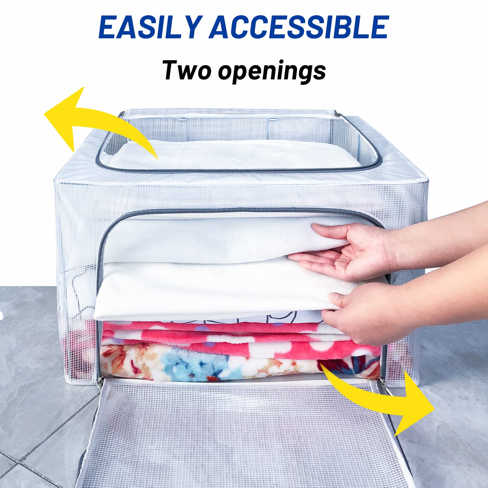 PENGFULL 2 Pack PVC Clear Window Storage Bins,Large Foldable Storage Bins Boxes with Steel Frame, Stackable Container Organizer Set with Carrying Handles,2 Clear Windows,Front Window Take Out, 66L