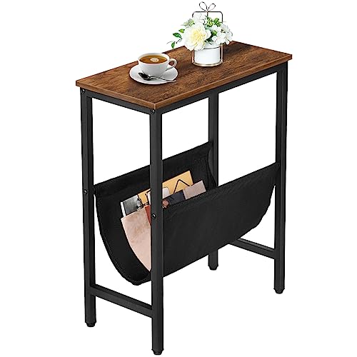 HOOBRO Narrow End Table, Side Table for Small Spaces, Slim Nightstand with Magazine Holder, Modern Skinny Sofa Table, 24.6 in Width Bedside Table, Snack Couch Table, Rustic Brown and Black BF41BZ01G1