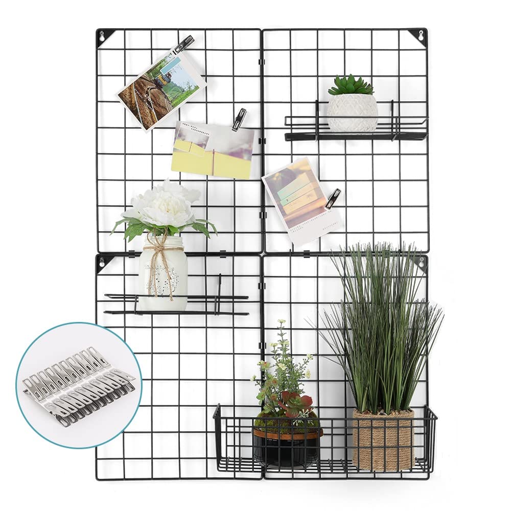 NEX Wall Grid Panel with Grid Baskets, Wire Wall Grid, Photo Picture Display, Memo Board, Wall DIY Decor Storage Organizer, 32.68'' x 23.82''