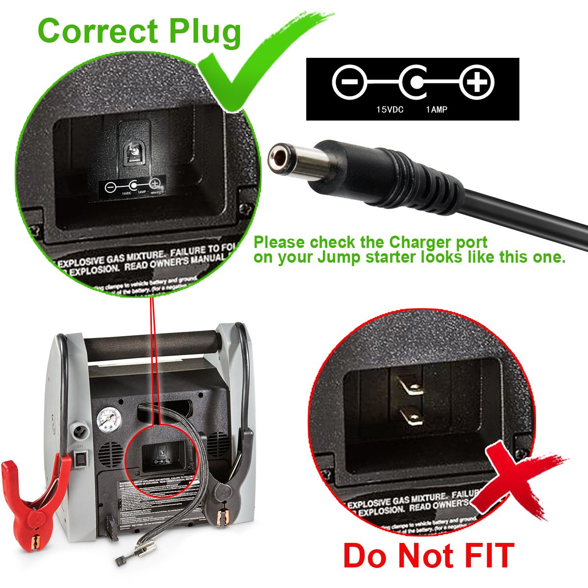 T POWER 15V Charger for Dewalt DXAEPS14 1400 Peak Amp Potek Kinverch Car1500 Peak 750 JS86-UL, JS87-UL, JS88-UL & All Xantrex Sears Diehard 1150 950 Jump Starter Ac Dc Adapter Power Supply