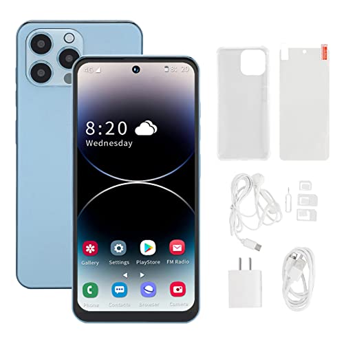 ciciglow 6.7 Inch Mobile Phone, I14 Pro Max 4G Smartphone, 4GB RAM 128GB ROM, 8MP 24MP Camera, Face ID, for Android 12, 4000mAh, WiFi, GPS, Bluetooth, Gravity Sensing (Blue)(US)