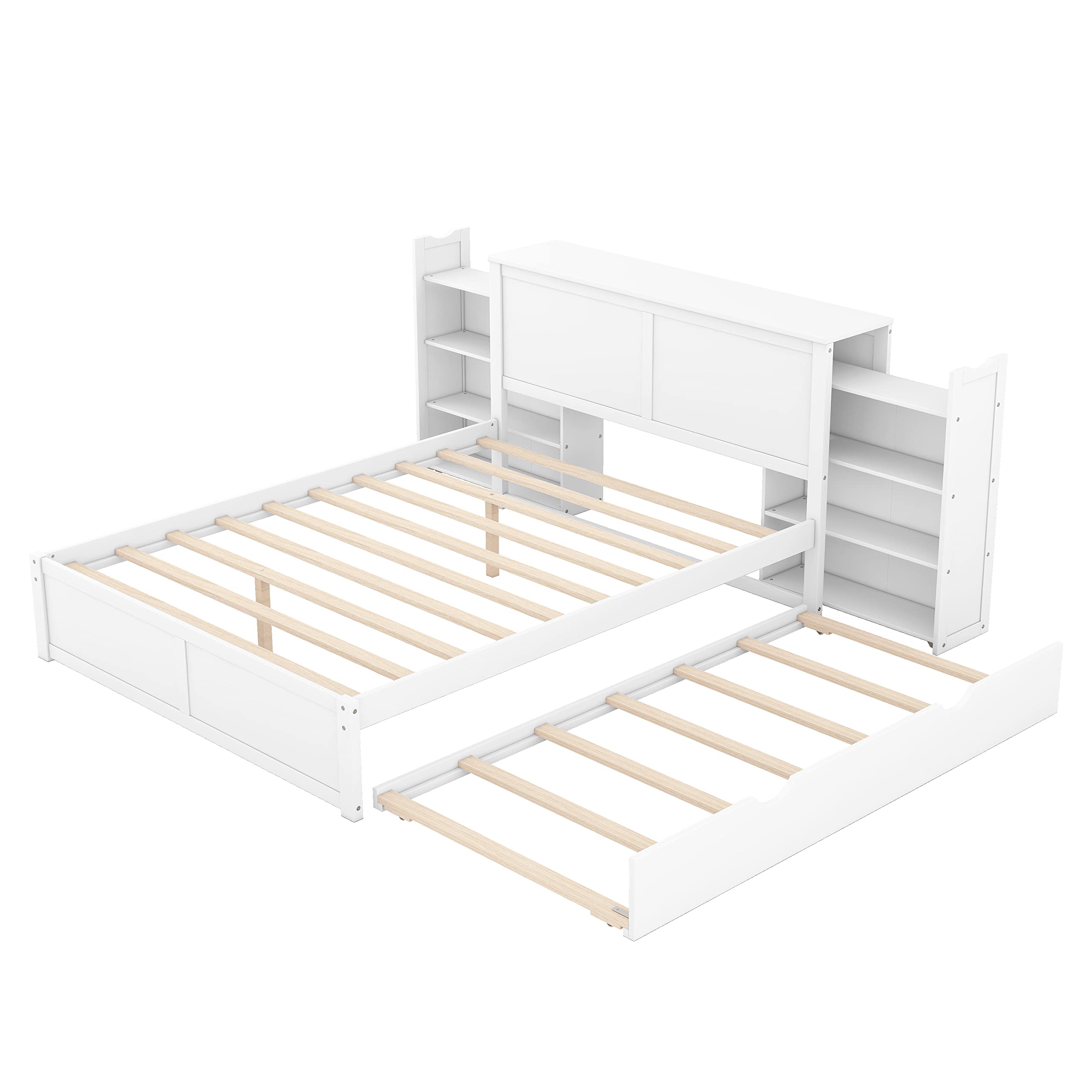 BIADNBZ Queen Size Storage Platform Bed with Pull Out Shelves and Twin XL Trundle, Wooden Bedframe with Headboard, for Bedroom Guest Room Dorm, White