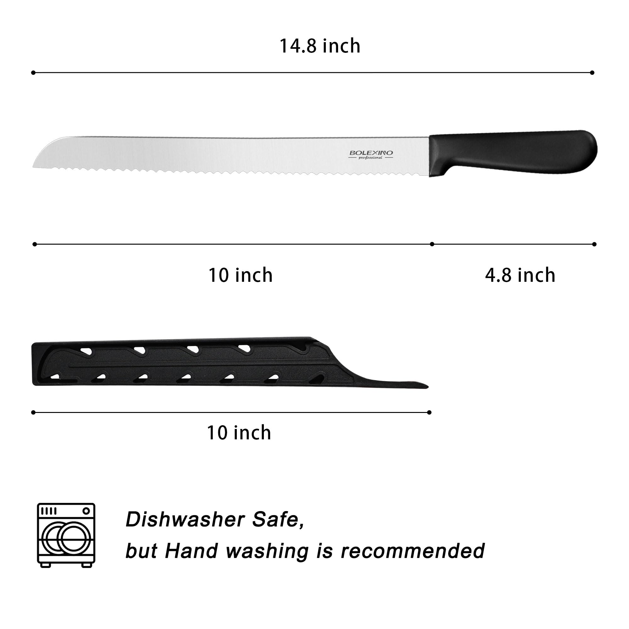 BOLEXINO 10 Inch Serrated Knife for Homemade Bread, Stainless Steel Bread Knife W/Wide Wavy Edge, Multi-Purpose Kitchen Knife, Efficient Cake Slicer, Sharp for Cutting (Black Handle)